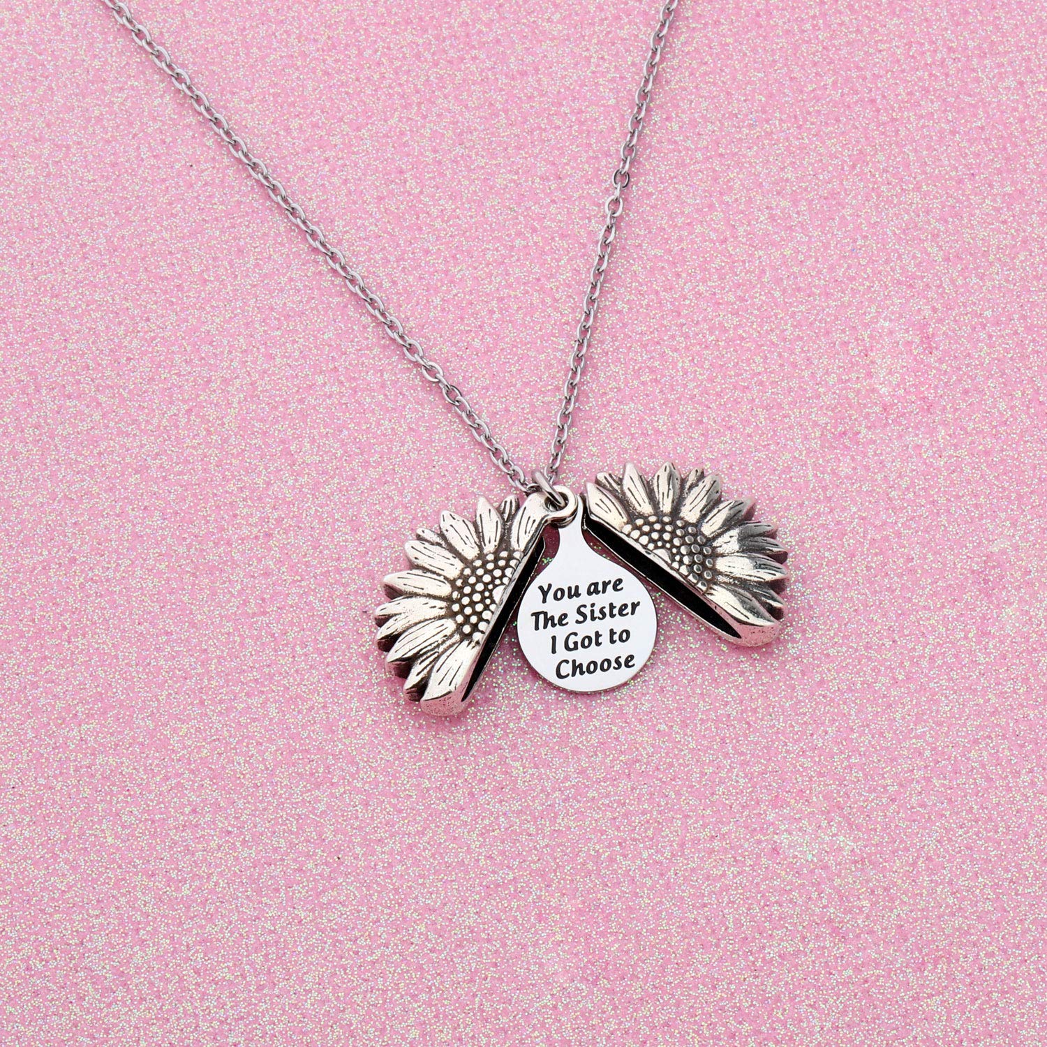 LQRI Sister Gift from Sister Best Friend Sunflower Necklace You Are The Sister I Got to Choose Sunflower Pendent Necklace（silver