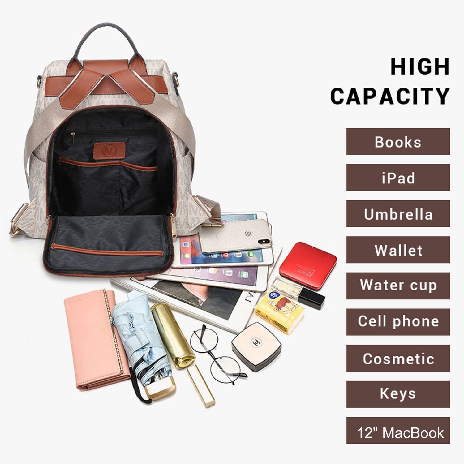 MKP Women Fashion Backpack Purse Multi Pockets Signature Anti-Theft Rucksack Travel Ladies Shoulder Bag Handbag 2Pcs