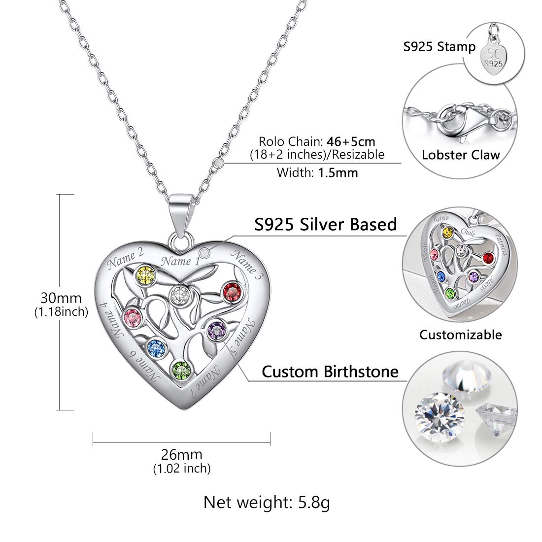 U7 Mother Necklace with 7 Birthstones and Names Engraved Sterling Silver Heart Pendant Necklace Family Friendship Gift Necklaces