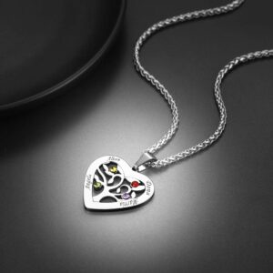 U7 Mother Necklace with 7 Birthstones and Names Engraved Sterling Silver Heart Pendant Necklace Family Friendship Gift Necklaces