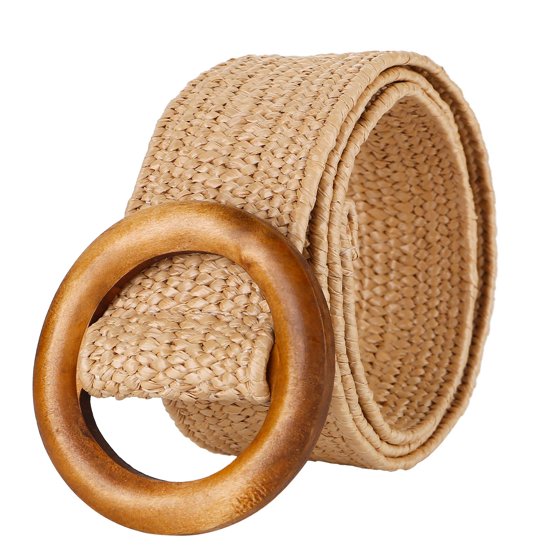 Women Woven Rattan Wide Stretch Straw Belt(Cream)