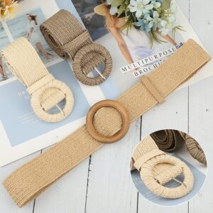 Women Woven Rattan Wide Stretch Straw Belt(Cream)