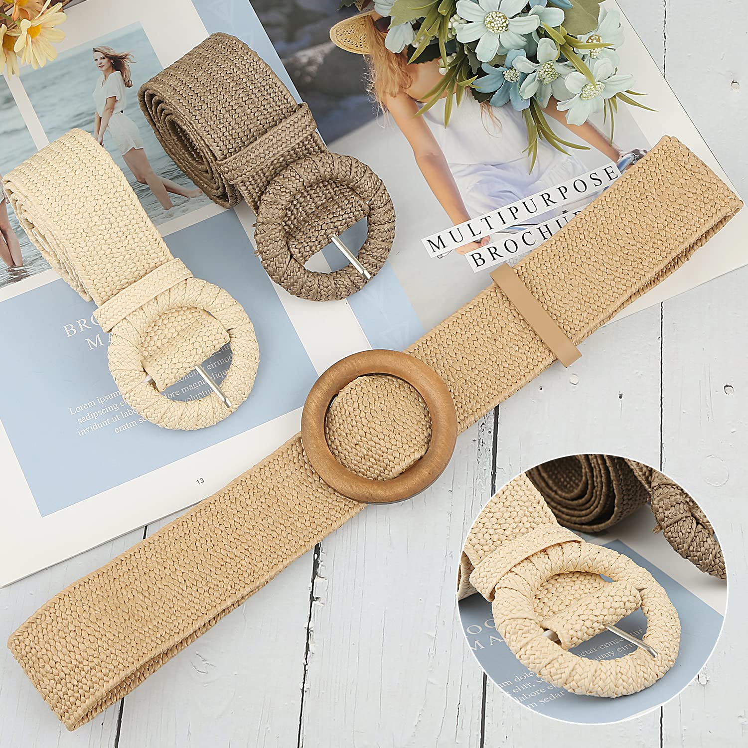 Women Woven Rattan Wide Stretch Straw Belt(Cream)