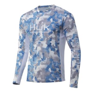 huk men's icon x camo long sleeve performance fishing shirt, ice boat-refraction, large