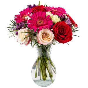 twilight | red, pink fresh flowers arrangement with vase | arabella bouquets | flowers for delivery, graduation, birthday, congratulations