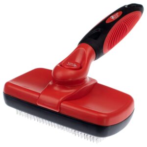 pet pull self cleaning slicker brush for cat and dog coat - detangler dog brush for shedding & grooming - super easy to clean deshedding grooming tool removes loose pet hair, mats and tangles (red)