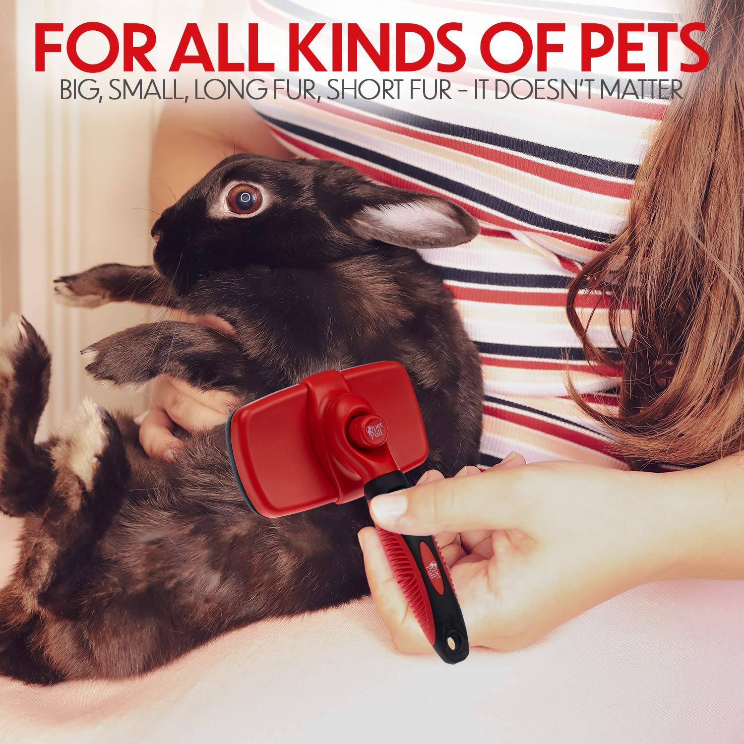 Pet Pull Self Cleaning Slicker Brush for Cat and Dog Coat - Detangler Dog Brush for Shedding & Grooming - Super Easy to Clean Deshedding Grooming Tool Removes Loose Pet Hair, Mats and Tangles (Red)