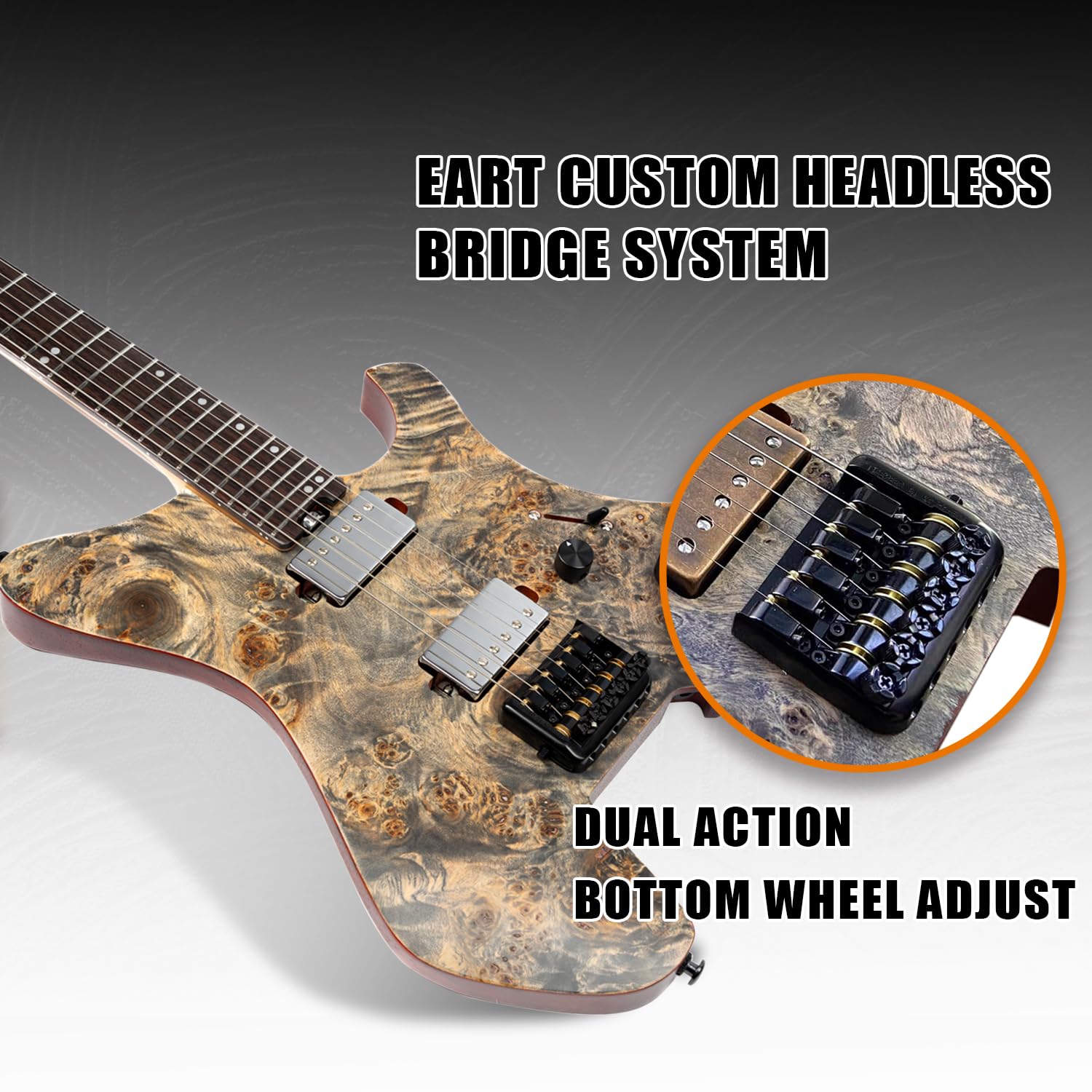 EART Headless Electric Guitar GW2 fixed Bridge for 6 String Travel Guitar For Travel and Performance Right, Stainless Steel Frets,Black