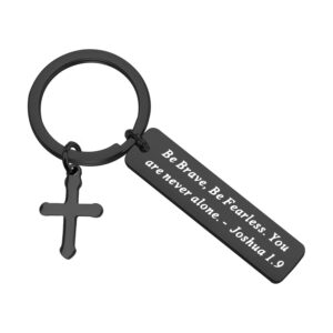 feelmem christian keychain be brave be fearless you are never alone joshua 1:9 bible verse keychain christian religious gift(black)