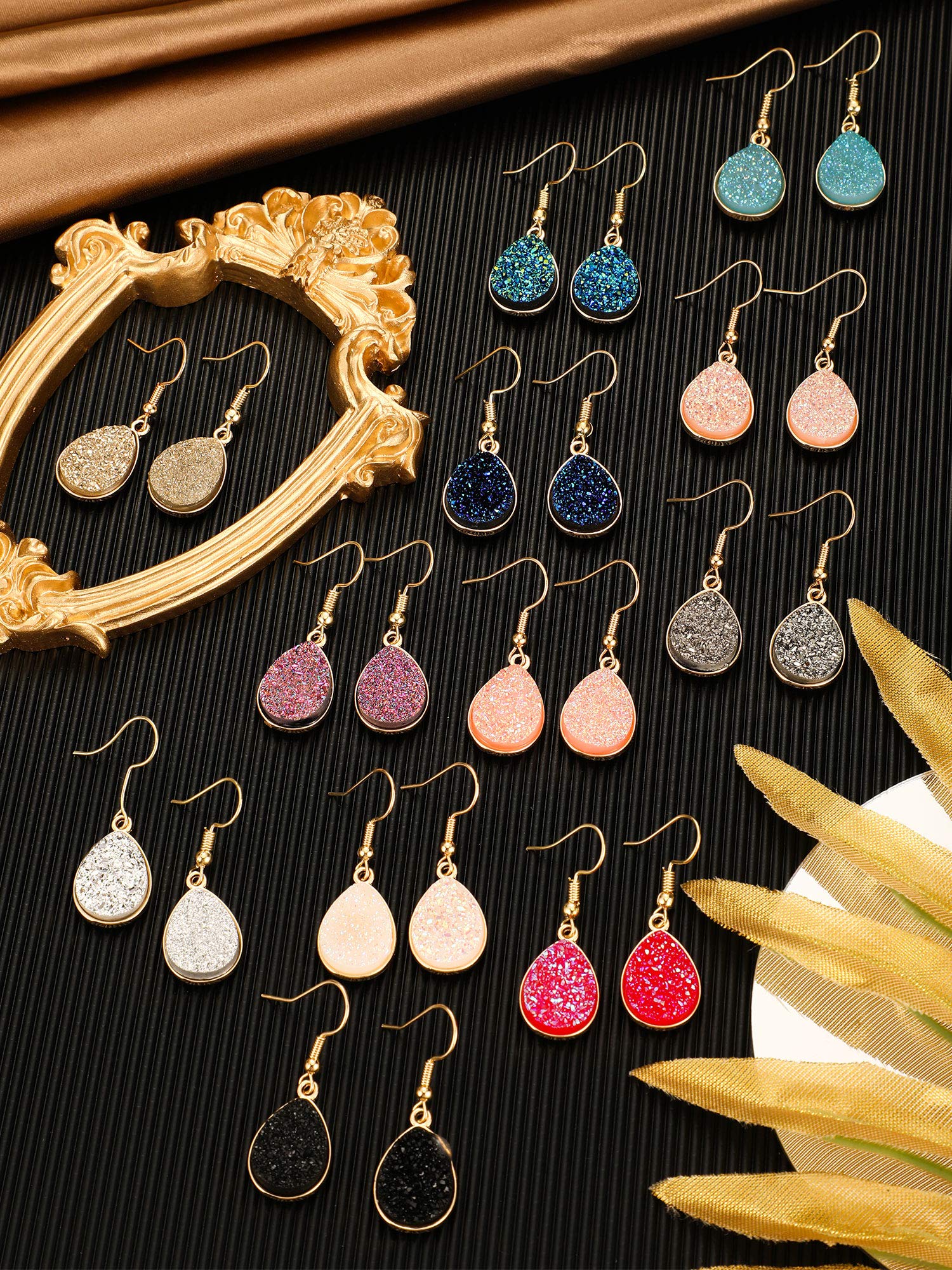 12 Pairs Faux Druzy Drop Earrings Crystal Pendant Dangle Earrings Multicolor Stainless Steel Earrings for Women