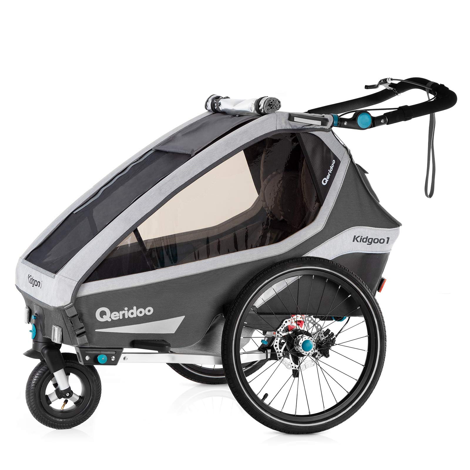 Qeridoo Kidgoo1 Sport 2020 Child Bike Trailer for Toddlers, Single Seater, Kids, 3-in-1 Cover, 5-Point Seat Belt, Adjustable Height (Grey)