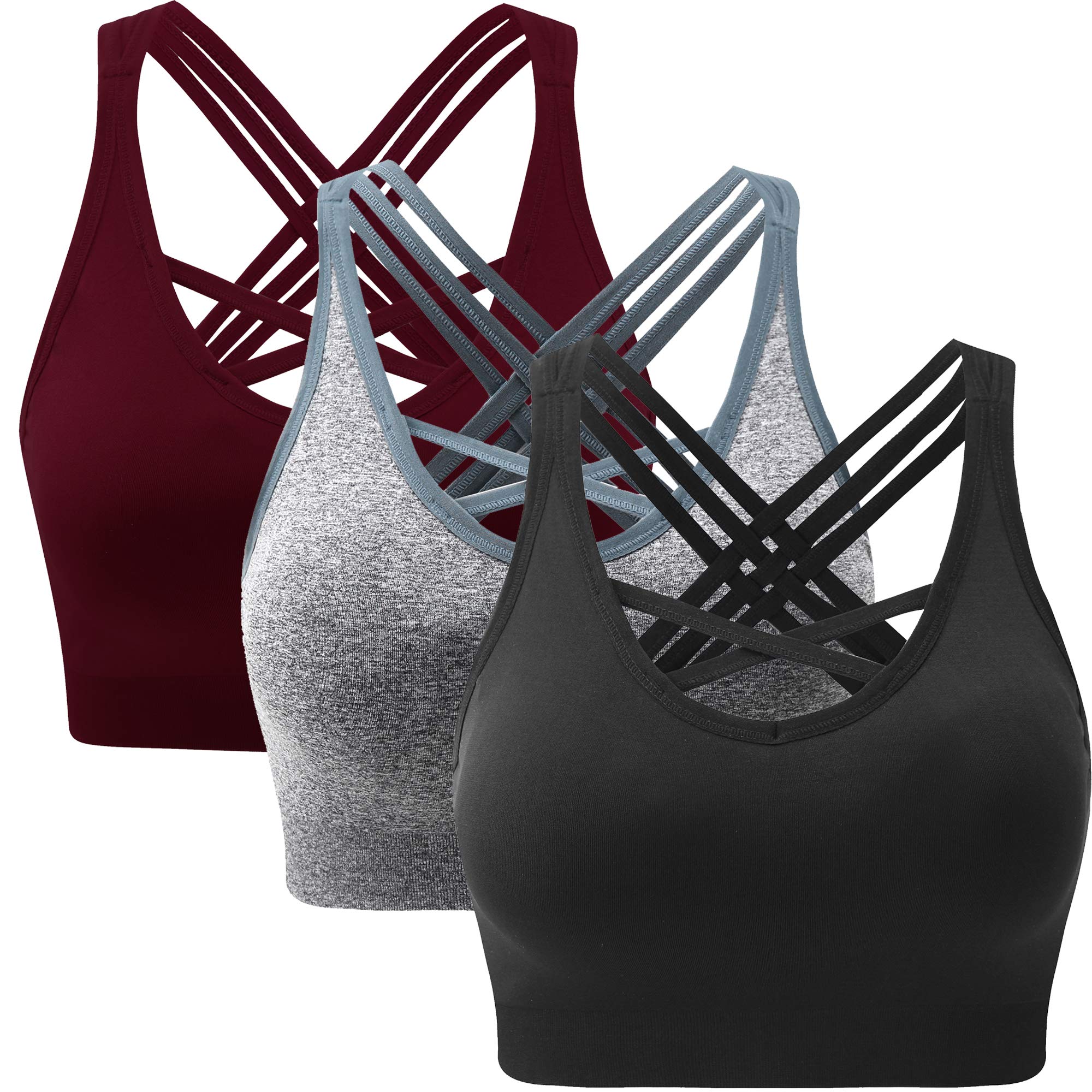 ANGOOL Strappy Sports Bras for Women - Medium Support Wirefree Yoga Bra Activewear 3 Pack