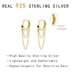 Reffeer Solid 925 Sterling Silver Tassel Chain Drop Dangle Small Hoop Earrings Huggie for Women Teen (C-Gold)