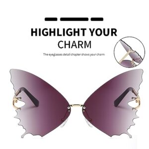 YAMEIZE Fashion Butterfly Rimless Sunglasses for Women Vintage Metal Frame Eyewear UV Protection (PURPLE PINK)