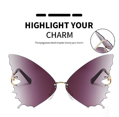 YAMEIZE Fashion Butterfly Rimless Sunglasses for Women Vintage Metal Frame Eyewear UV Protection (PURPLE PINK)