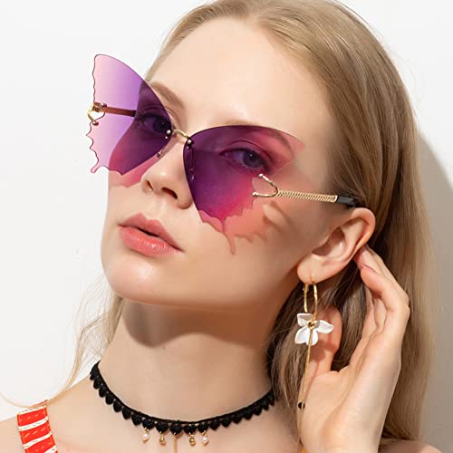 YAMEIZE Fashion Butterfly Rimless Sunglasses for Women Vintage Metal Frame Eyewear UV Protection (PURPLE PINK)