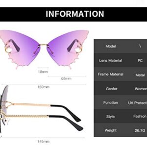 YAMEIZE Fashion Butterfly Rimless Sunglasses for Women Vintage Metal Frame Eyewear UV Protection (PURPLE PINK)