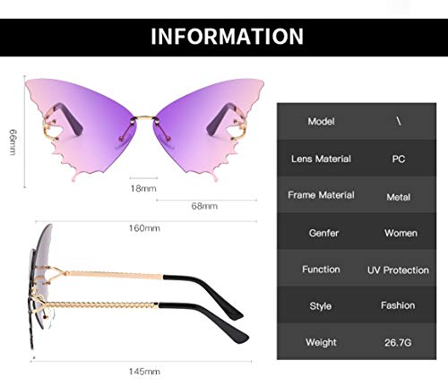 YAMEIZE Fashion Butterfly Rimless Sunglasses for Women Vintage Metal Frame Eyewear UV Protection (PURPLE PINK)