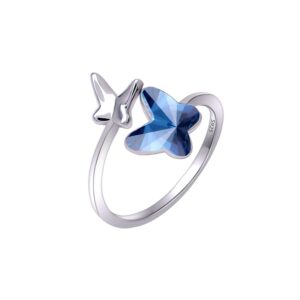 aoboco morpho helena butterfly ring sterling silver women ring embellished with crystals from austria, adjustable open ring, anniversary birthday butterfly jewelry gifts for girlfriend mom wife(blue)