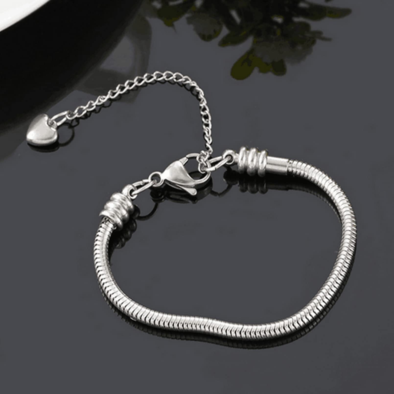 TGLS Women European Charm Bracelet Stainless Steel 3mm Snake Chain Bracelet Fits Charms Bead