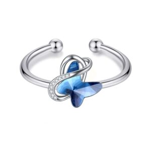 aoboco infinity butterfly ring sterling silver women ring with crystals from austria, fine anniversary birthday butterfly jewelry gifts for her(blue)