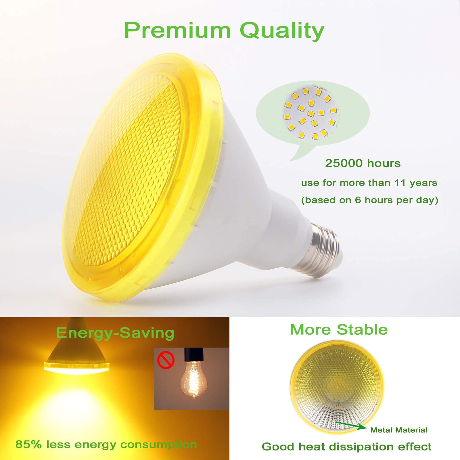 GREENIC Yellow LED Light Bulb, 2 Pack Par38 15W (100W Equivalent) 1300lm, E26 Medium Base Flood Light Bulb for Outdoor, Indoor, Porch, Patio, Yards, Home