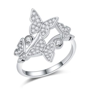 aoboco butterfly ring sterling silver women ring with crystals from austria & cubic zirconia, adjustable open ring, anniversary birthday butterfly lovers jewelry gifts for wife girlfriend daughter