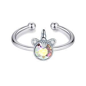 aoboco sterling silver unicorn ring, aurore boreale crystal from austria, hypoallergenic adjustable open ring, anniversary birthday unicorn jewelry gifts for women daughter girlfriend