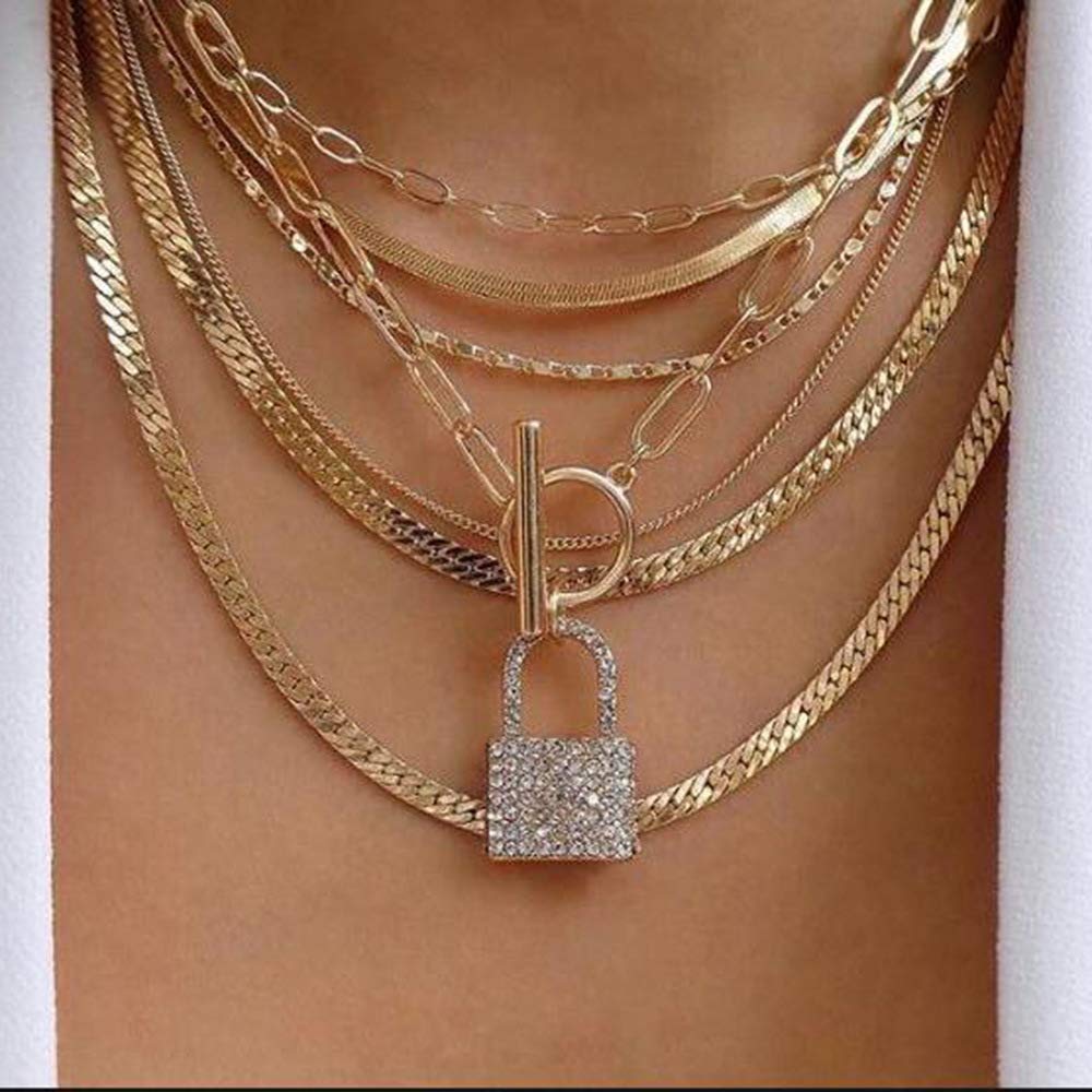 Chargances Gold Snake Bone Chain Necklace for Women Iced Out Lock Toggle Chain Choker Necklace Ladies Boho Jewelry Punk Cuban Link Chain