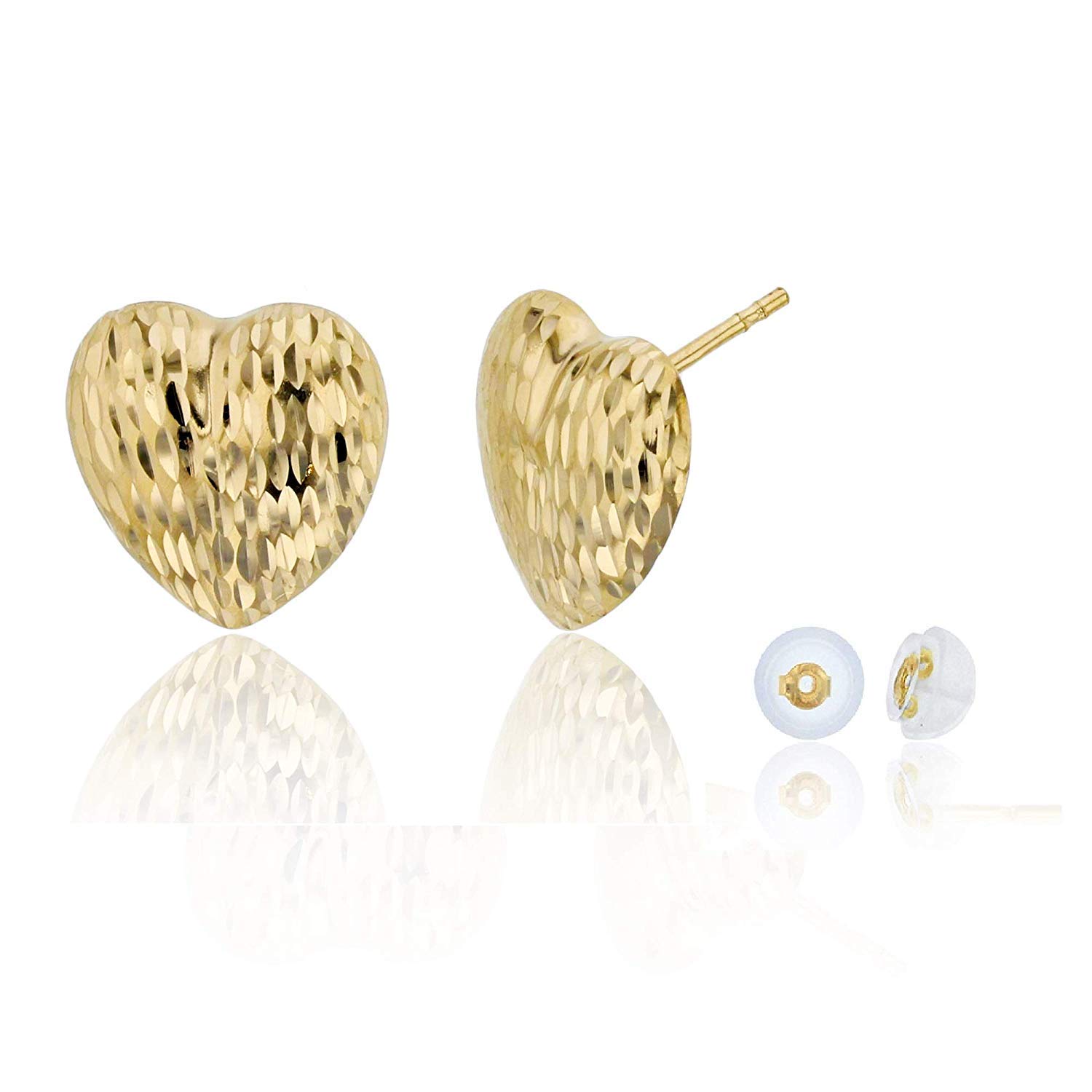 14K Yellow Gold 10x10mm Diamond Cut Heart Stud Earring