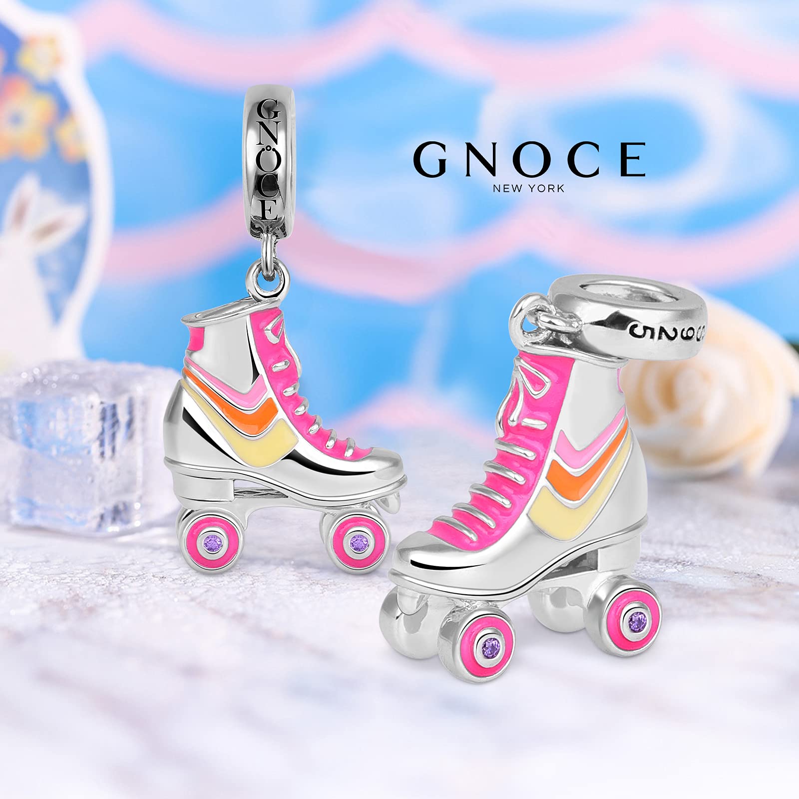 GNOCE Roller Skates Pendant Charms for Bracelet/Necklace 925 Sterling Silver Pink Dangle Charms for Women Jewelry Gift