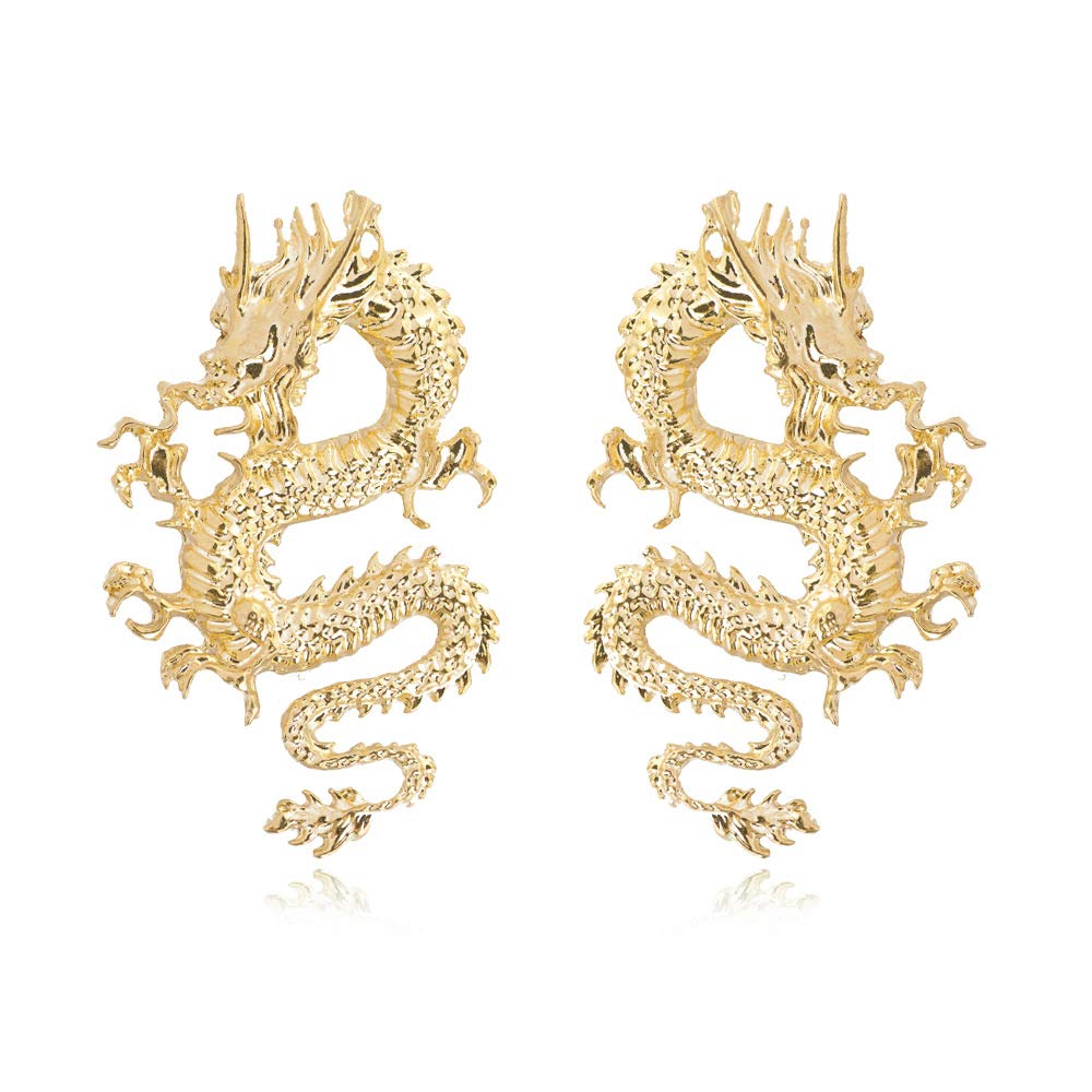 Punk Gold Tone Firery Dragon Stud Earrings For Women 2024 Unique Chic Metal Dragon Statement Earrings Jewelry - Gold