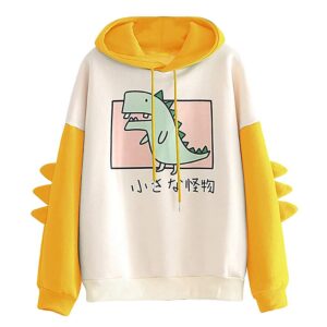 boxinay women's teen girls cute dinosaur long sleeve hoodies casual loose sweaters hooded sweatshirts pullover tops shirts yellow