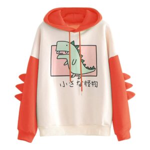 boxinay women's teen girls cute dinosaur long sleeve hoodies casual loose sweaters hooded sweatshirts pullover tops shirts orange