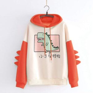 Boxinay Women's Teen Girls Cute Dinosaur Long Sleeve Hoodies Casual Loose Sweaters Hooded Sweatshirts Pullover Tops Shirts Orange