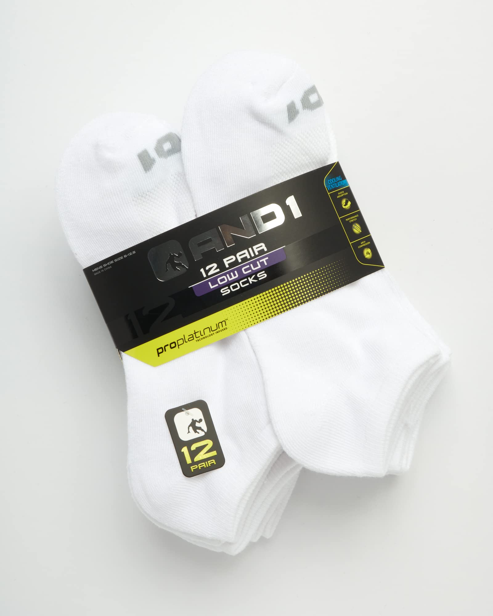 AND1 Men's Socks - Athletic Cushion Low Cut Socks (12 Pack), Size 6-12.5, White