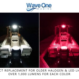 Wave One Marine | Dual Color LED Boat Spreader Light Deck Flood Beam Stainless Hardware & Bracket IP68 Waterproof Multicolor Bright High Lumen Output (White Housing, White & Red)