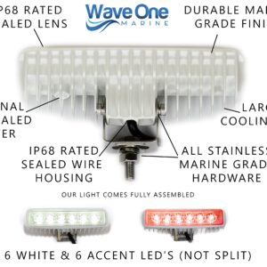 Wave One Marine | Dual Color LED Boat Spreader Light Deck Flood Beam Stainless Hardware & Bracket IP68 Waterproof Multicolor Bright High Lumen Output (White Housing, White & Red)