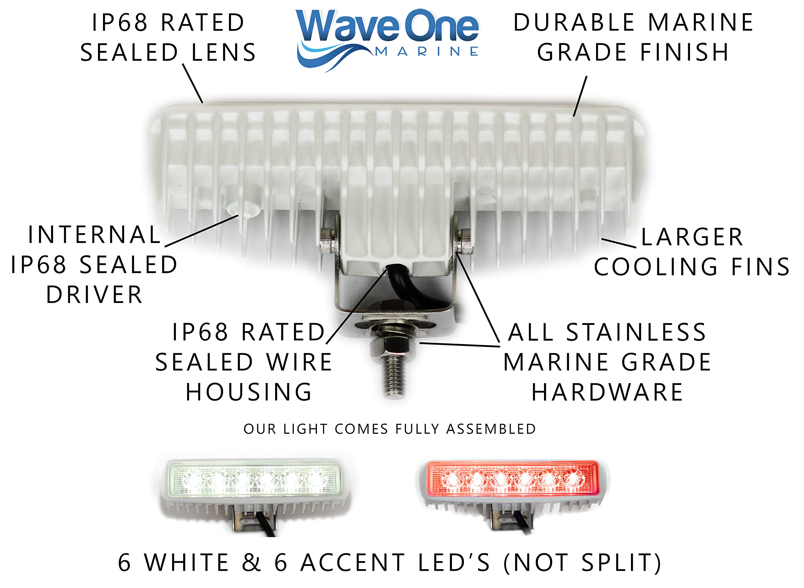 Wave One Marine | Dual Color LED Boat Spreader Light Deck Flood Beam Stainless Hardware & Bracket IP68 Waterproof Multicolor Bright High Lumen Output (White Housing, White & Red)