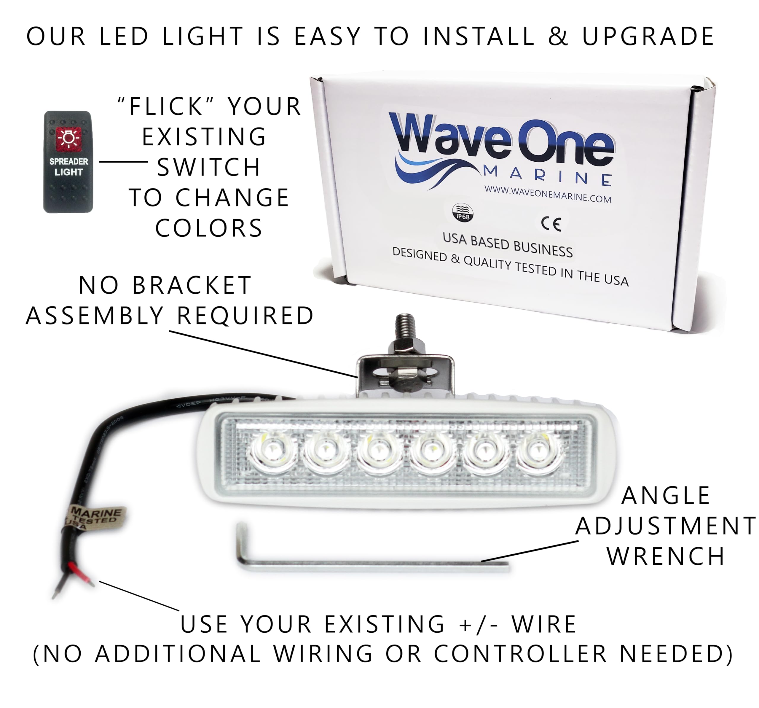 Wave One Marine | Dual Color LED Boat Spreader Light Deck Flood Beam Stainless Hardware & Bracket IP68 Waterproof Multicolor Bright High Lumen Output (White Housing, White & Red)