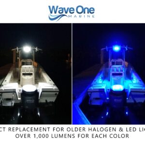 Wave One Marine | Dual Color LED Boat Spreader Light Deck Flood Beam Stainless Hardware & Bracket IP68 Waterproof Multicolor Bright High Lumen Output (White Housing, White & Blue)