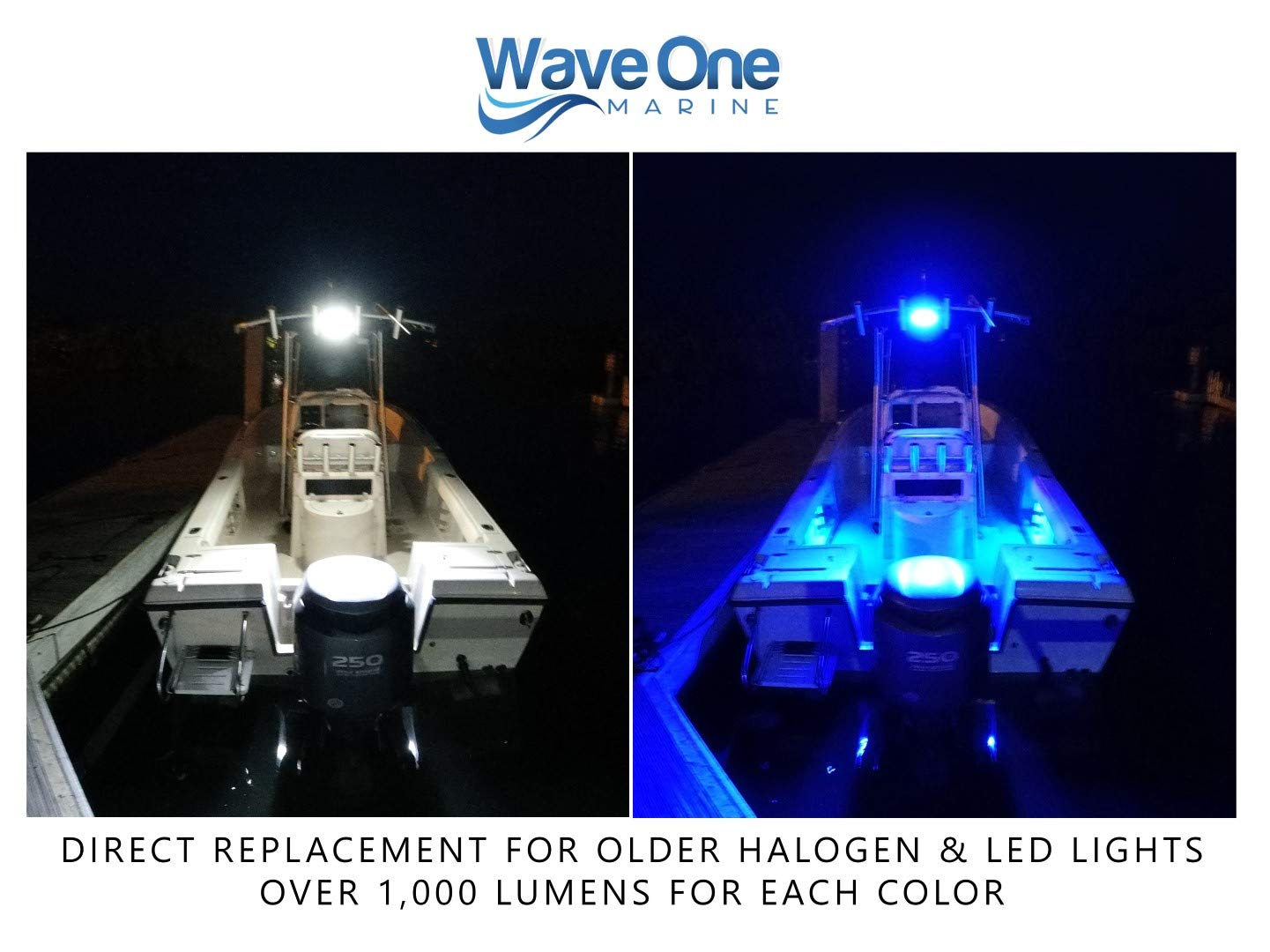 Wave One Marine | Dual Color LED Boat Spreader Light Deck Flood Beam Stainless Hardware & Bracket IP68 Waterproof Multicolor Bright High Lumen Output (White Housing, White & Blue)