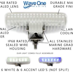 Wave One Marine | Dual Color LED Boat Spreader Light Deck Flood Beam Stainless Hardware & Bracket IP68 Waterproof Multicolor Bright High Lumen Output (White Housing, White & Blue)