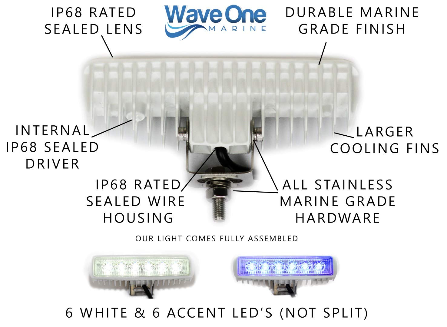 Wave One Marine | Dual Color LED Boat Spreader Light Deck Flood Beam Stainless Hardware & Bracket IP68 Waterproof Multicolor Bright High Lumen Output (White Housing, White & Blue)