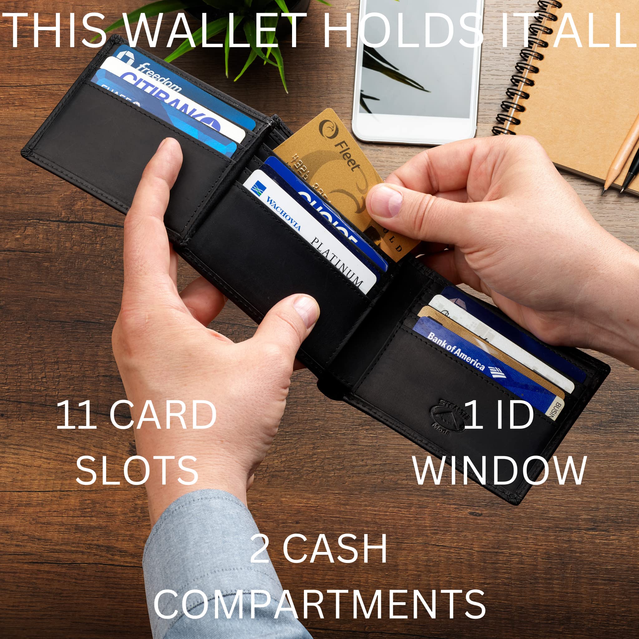 Stealth Mode Leather Bifold Wallet for Men - RFID Blocking, 11 Card Slots, Gift Box