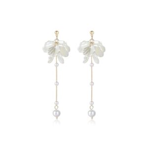 kruckel white pressed flower dangle earrings | golden studs with pearl like drops | hypoallergenic, lightweight jewelry for women | sparkle at birthday, anniversary, graduation, wedding