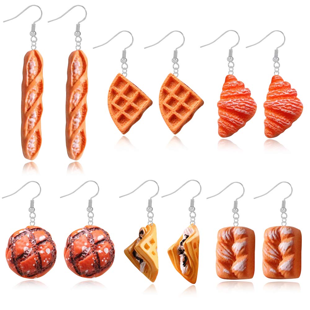 DAMLENG 6 Pairs Handmade Simulation food Croissant French Bread Toast Dangle Drop Earrings Cute Unique Baguette Earrings Set for Women Jewelry (Yellow)