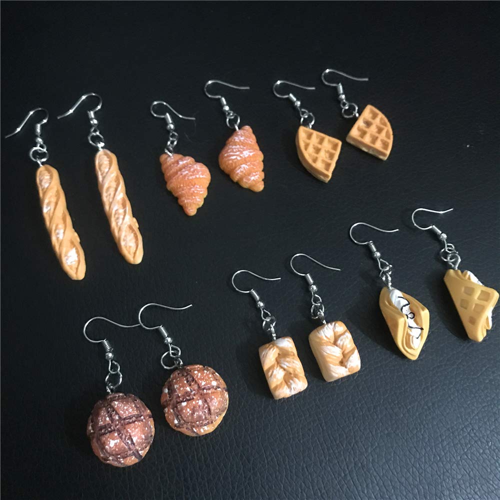 DAMLENG 6 Pairs Handmade Simulation food Croissant French Bread Toast Dangle Drop Earrings Cute Unique Baguette Earrings Set for Women Jewelry (Yellow)