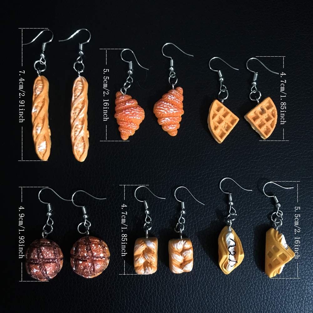 DAMLENG 6 Pairs Handmade Simulation food Croissant French Bread Toast Dangle Drop Earrings Cute Unique Baguette Earrings Set for Women Jewelry (Yellow)