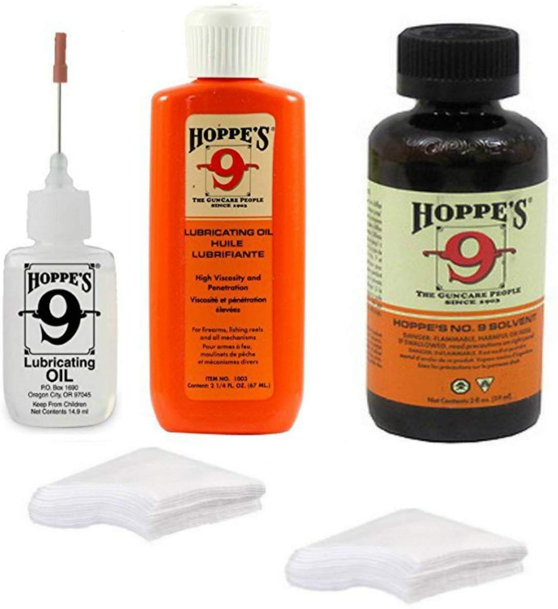 Hoppes 9 Gun Cleaning Kit - Bore Cleaner - Precision Oiler - Lubricating Oil Refill - 40 Patches for .38 9mm .40 .44 & .45 Caliber